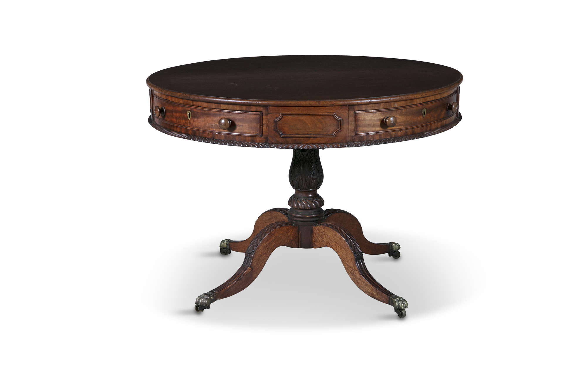 LOT:254 | A 19TH CENTURY MAHOGANY CIRCULAR DRUM TABLE, with plain ...