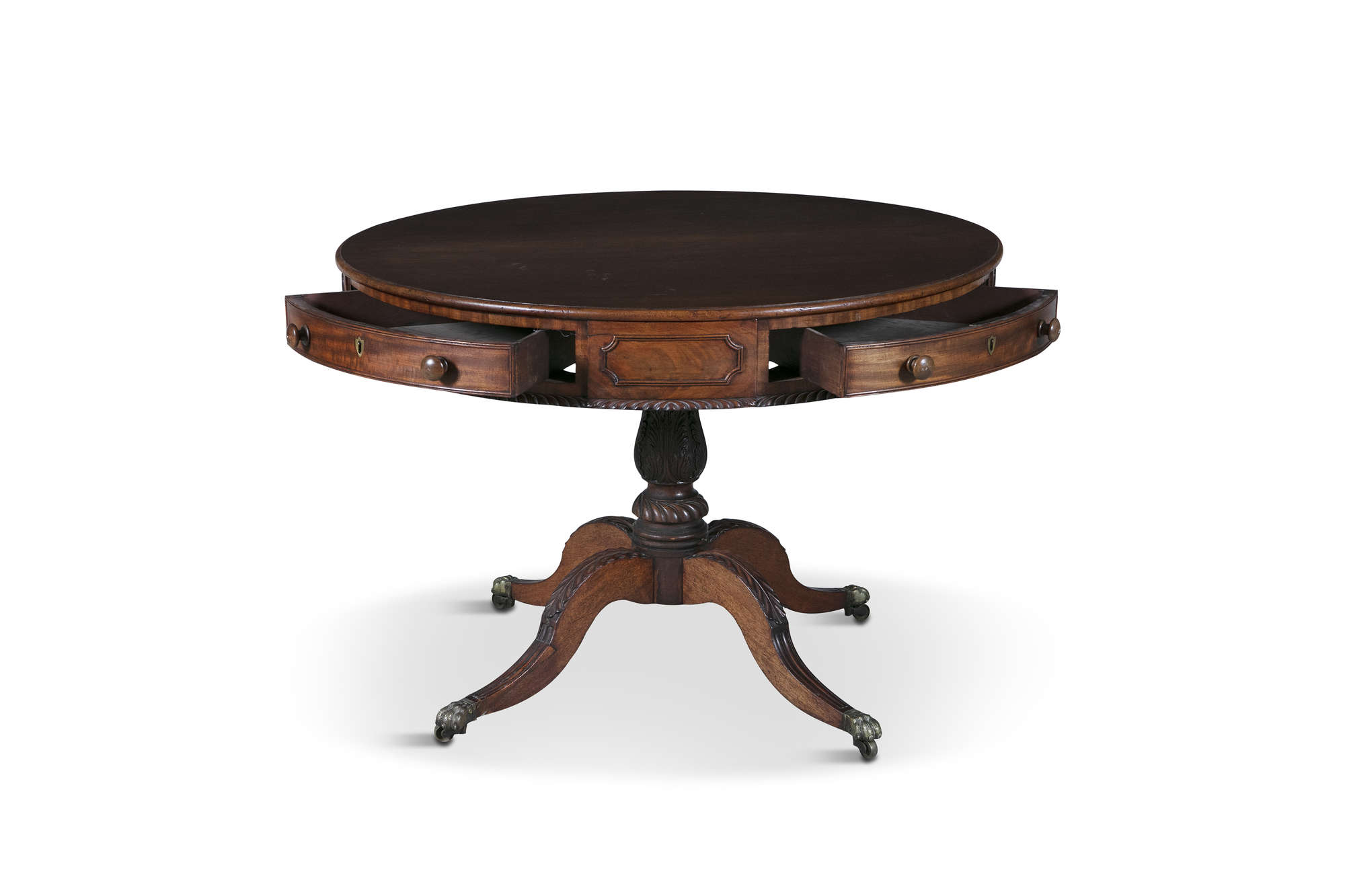 LOT:254 | A 19TH CENTURY MAHOGANY CIRCULAR DRUM TABLE, with plain ...